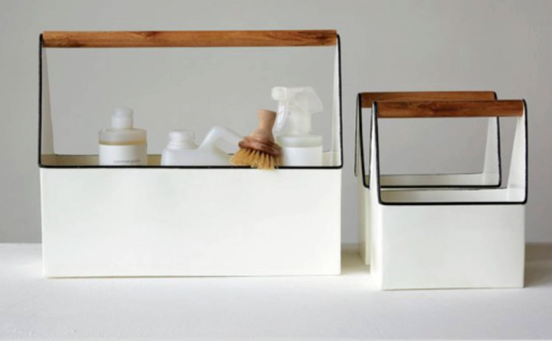 Modern farmhouse caddy white enamel tray wood handles Set vintage whit ...