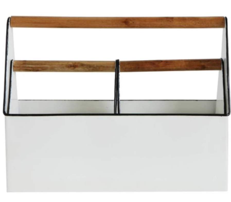 Modern farmhouse caddy white enamel tray wood handles Set vintage whit ...